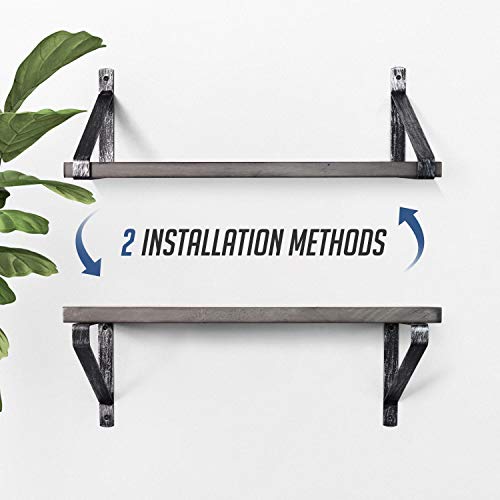 Under.Stated Wall Mounted Wood Shelves β Floating Solid Wood Shelf with Rustic Silver Painted Brackets, Set of 2 (Rustic Gray)
