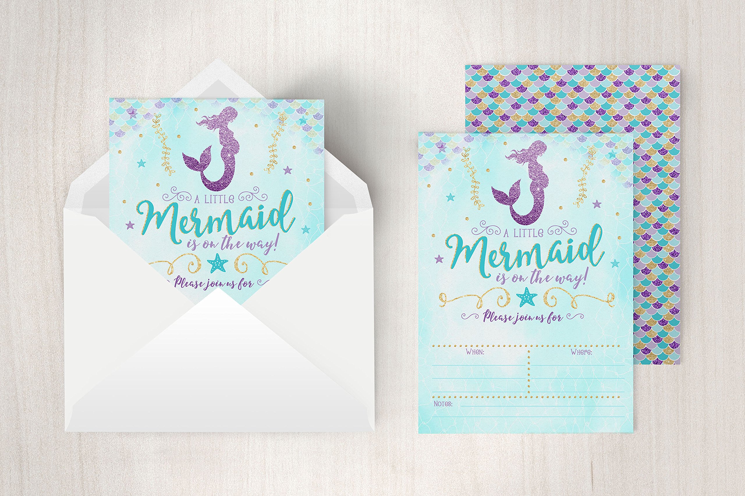 Your Main Event Prints Mermaid Baby Shower Invitation, Blue and Gold Mermaid Baby Shower, Baby Sprinkle Invite, 20 Fill in Invitations and Envelopes