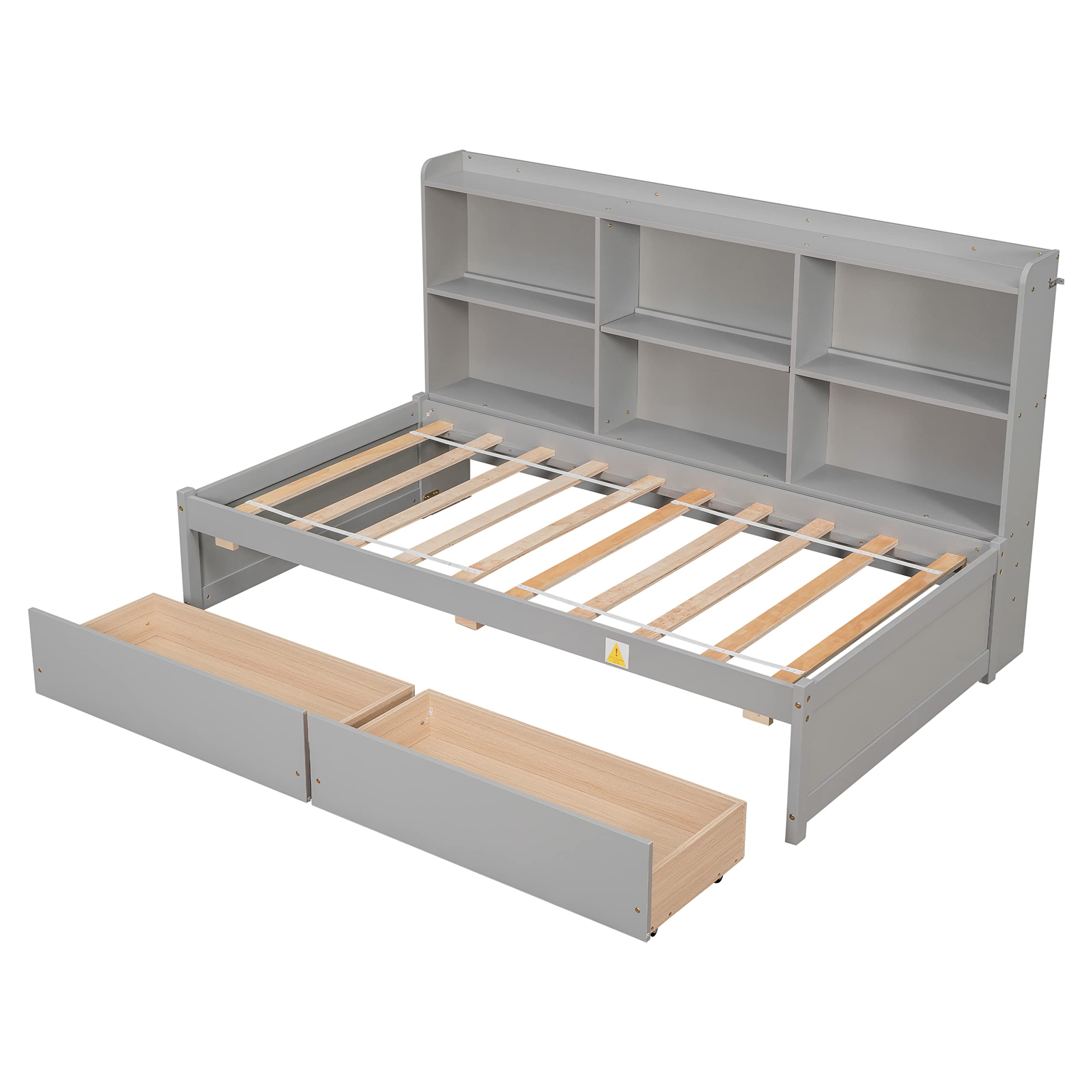 Twin Size Captain Bed with 2 Storage Drawers Wood Day Beds with Side Bookcase, Twin Bed Frame for Kids, Boys, Girls & Teens, No Box Spring Needed, Grey