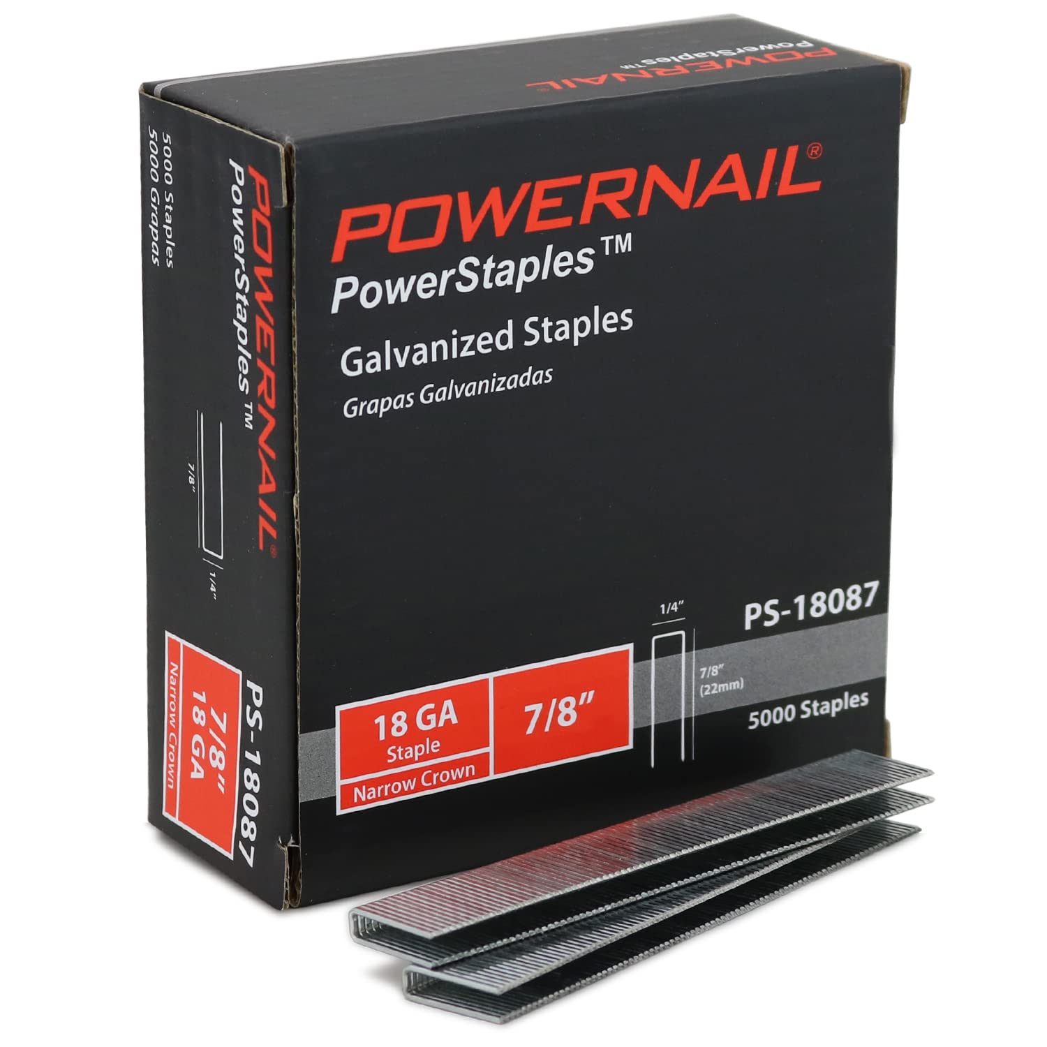 Powernail PS18087 18 Gauge 1/4 Inch Crown 7/8 Inch Length Chisel Point Narrow Crown Staples (Case, 50000ct)