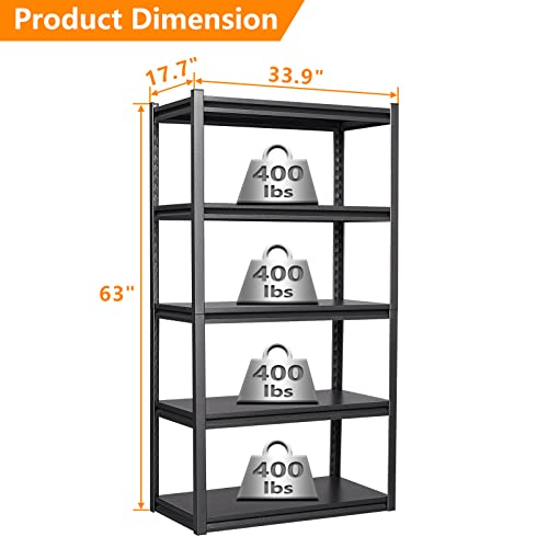 LISSIMO 5-Tier Heavy Duty Shelf, 63" H Metal Shelving Unit Load 2000LBS, Adjustable Storage Shelves for Garage,Bedroom,Office 18" D x 34" W x 63" H