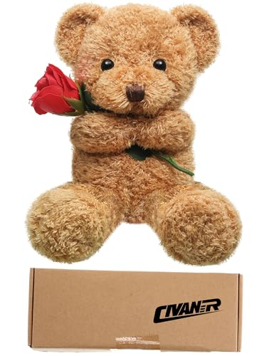 Civaner Valentine Plush Stuffed Animal Bear Gift with Rose Valentine Funny Cute Stuffed Animal Plush Gift for Girlfriend Valentine's Day, 11.8 Inches(Beige)