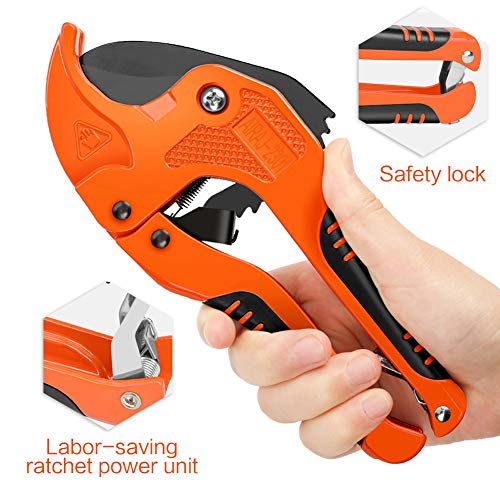 AIRAJ PVC Pipe Cutter to Cutting 1-5/8' (42mm) PEX,PVC,PPR Plastic Pipes,Ratcheting PVC Pipe Cutter with SK5 Steel Blade & Ergonomic Handle,Plastic PVC Cutter Suitable for Home Working and Plumber