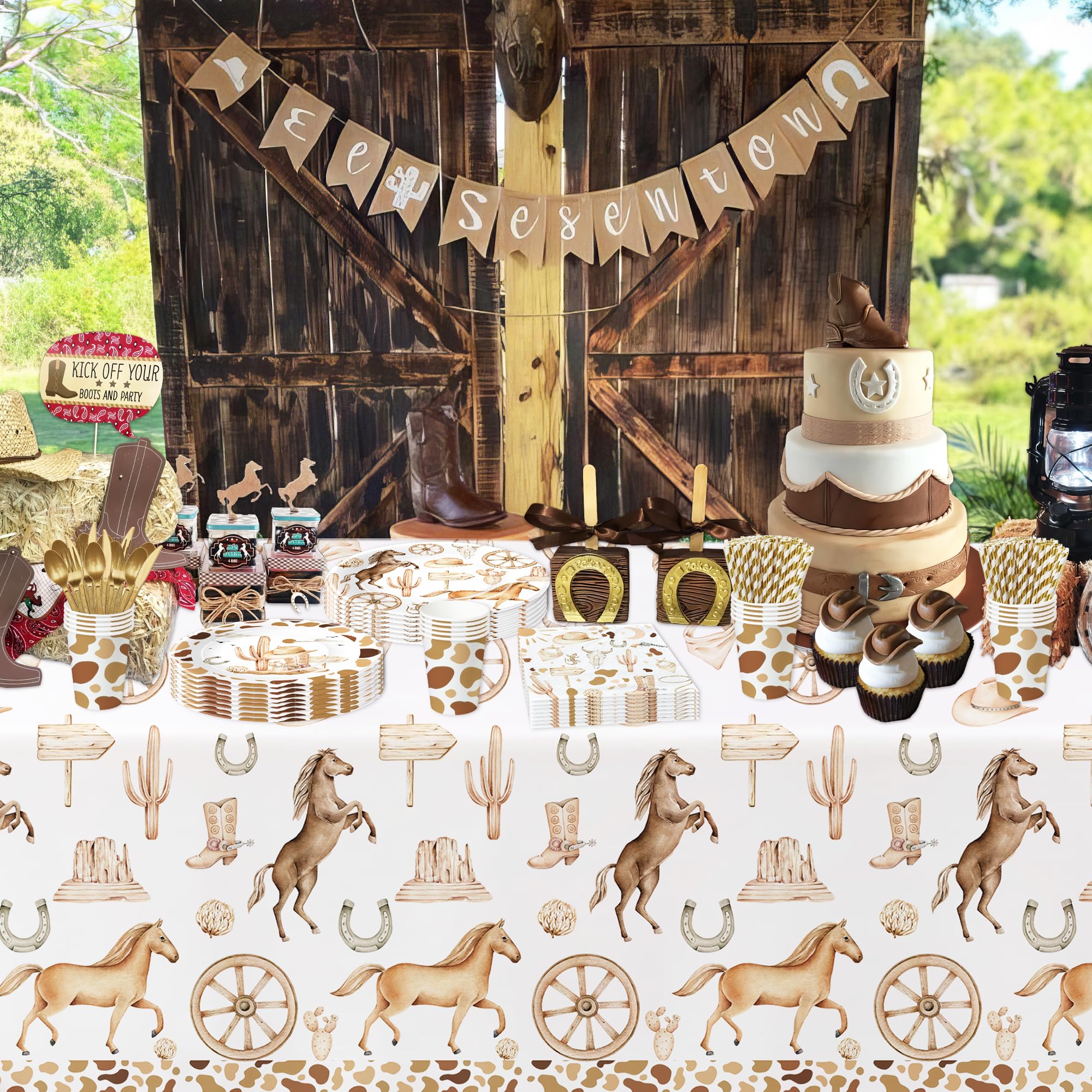 APOWBLS Western Cowboy Party Decorations Dinnerware - Wild West Party Supplies, Paper Plate, Cup, Napkin, Fork, Western Cowboy Rodeo Theme Birthday Baby Shower Decorations Tableware | Serve 24 Guests