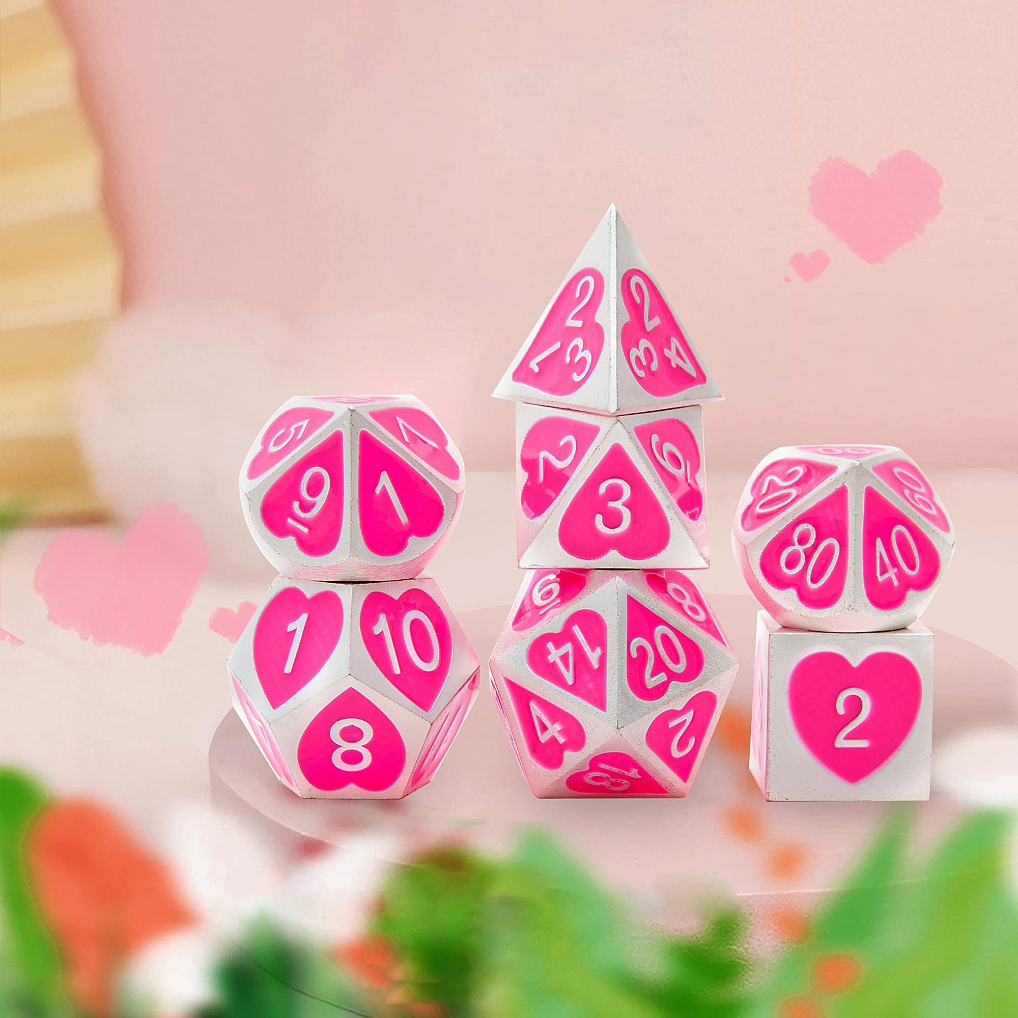 DND Metal dice Set, Heart-Shaped Pink Polyhedron 7-Piece Set, Suitable for Dungeon and Dragon RPG MTG or Board Game D &D Pathfinder, etc.