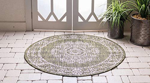 Unique Loom Outdoor Traditional Collection Area Rug - Timeworn (4' 1" Round, Green/ Gray)
