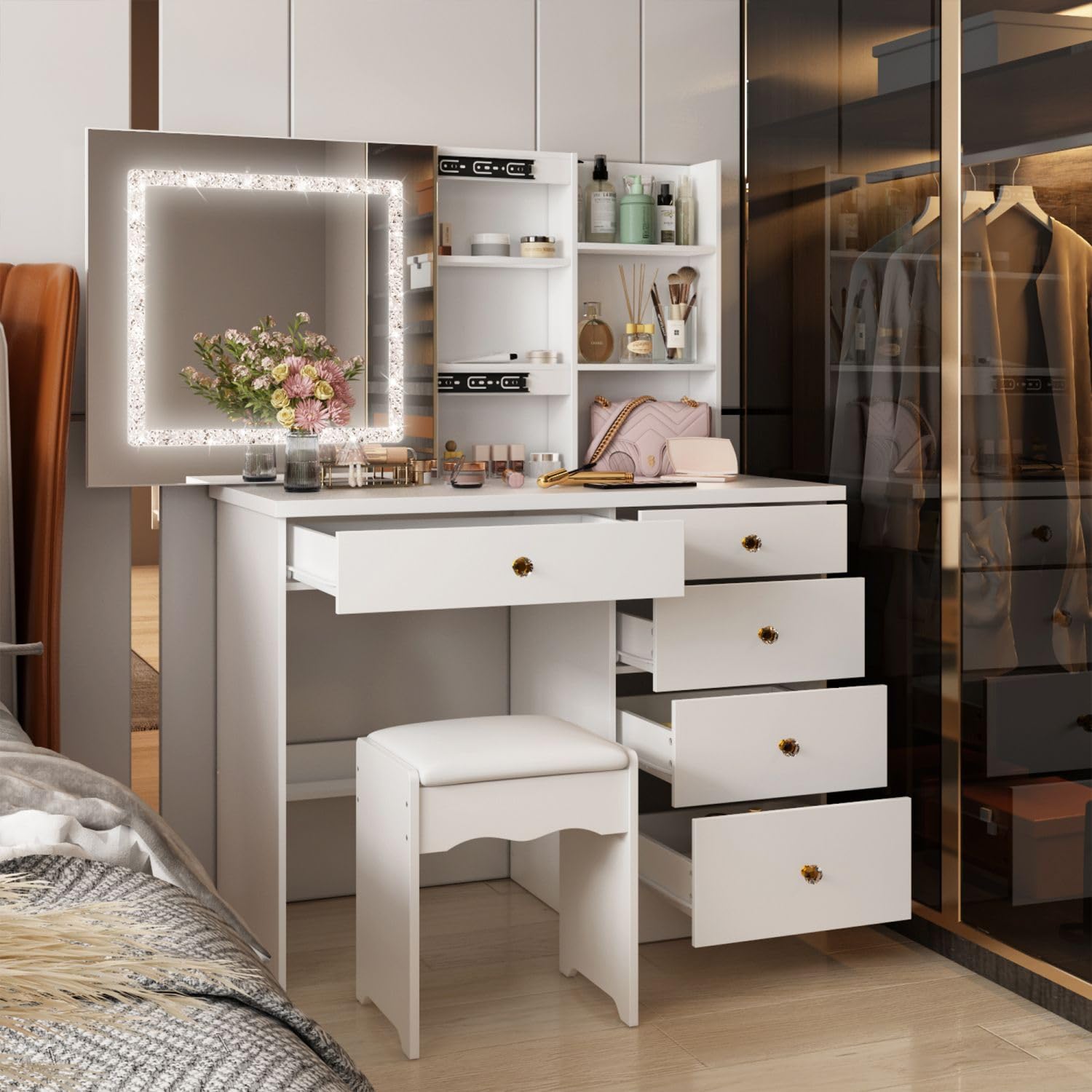 FAMAPY Makeup Vanity with Drawers, Vanity with Sliding Mirror, Vanity Desk with Storage Shelves, Cushion Stool, for Bedroom White and Grey