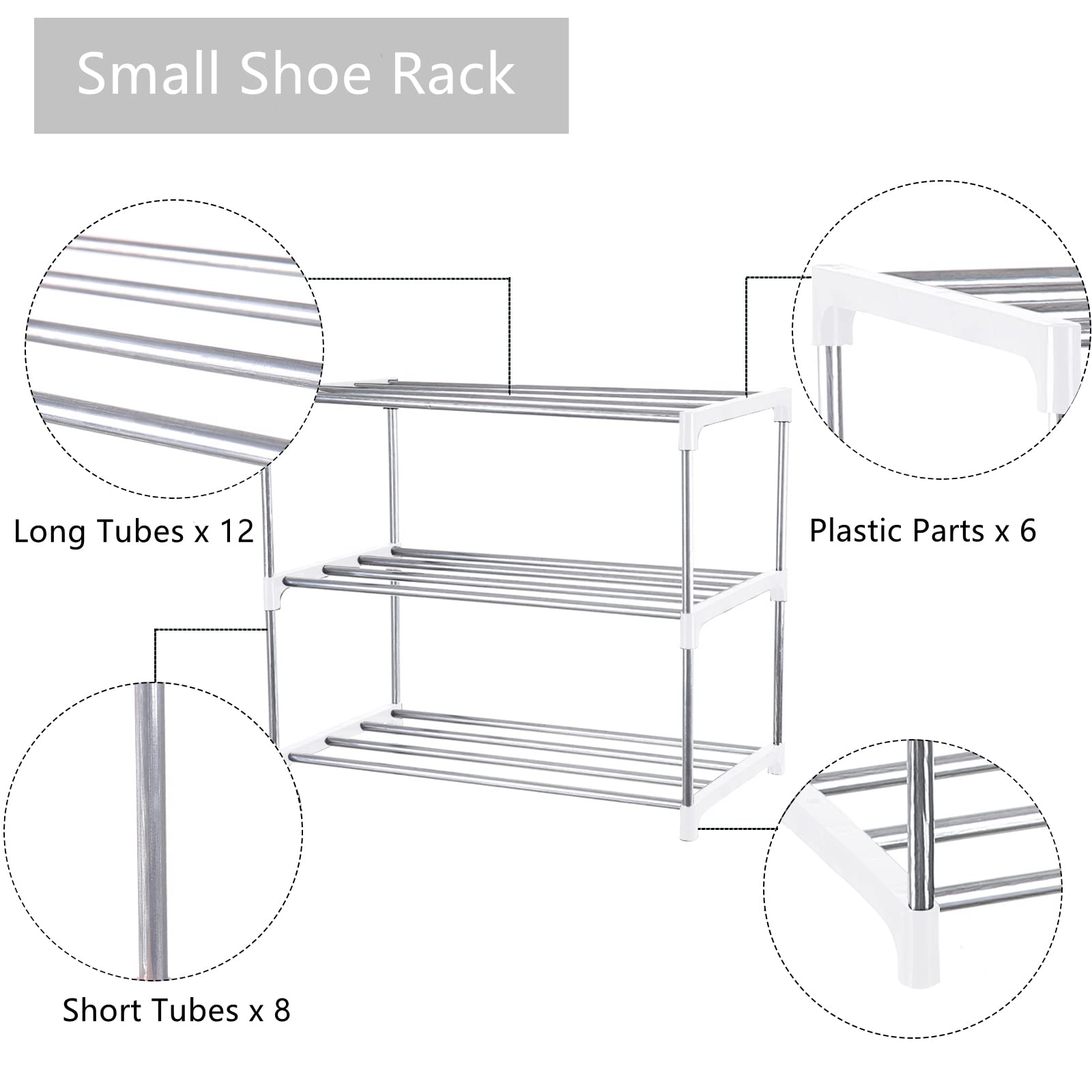Fouews Small Shoe Rack, Narrow Stackable Shoe Shelf Organizer for Entryway, Doorway and Bedroom Closet (3-Tier, White)