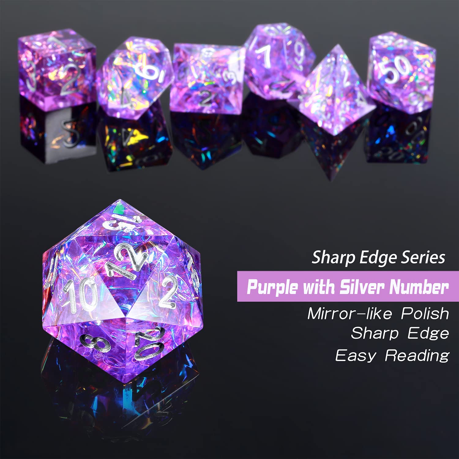 DNDND Sharp Edge Dice Set,Handmade 7 Piece DND Dice with Gift Case for DND Dungeons and Dragon Game (Purple with Silver Number)