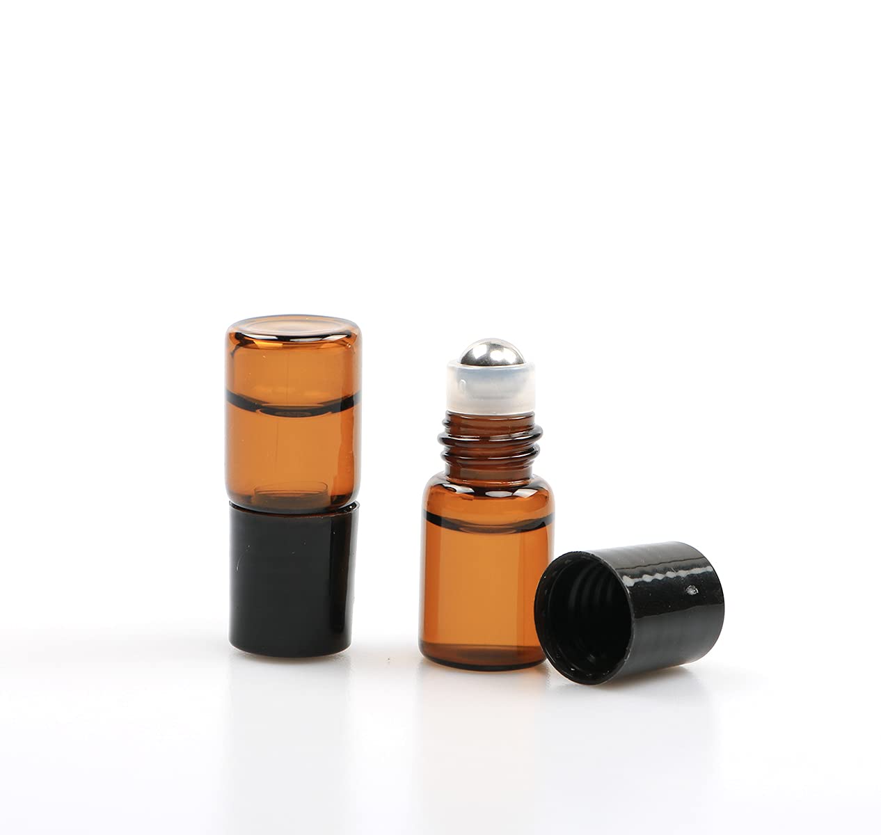 Furnido 25 Pack 2ml Amber Glass Roll on Bottle For Essential Oils,Perfume Vial with Stainless Steel Roller Ball,Black Caps Mini Sample Vials Cosmetics Small Container