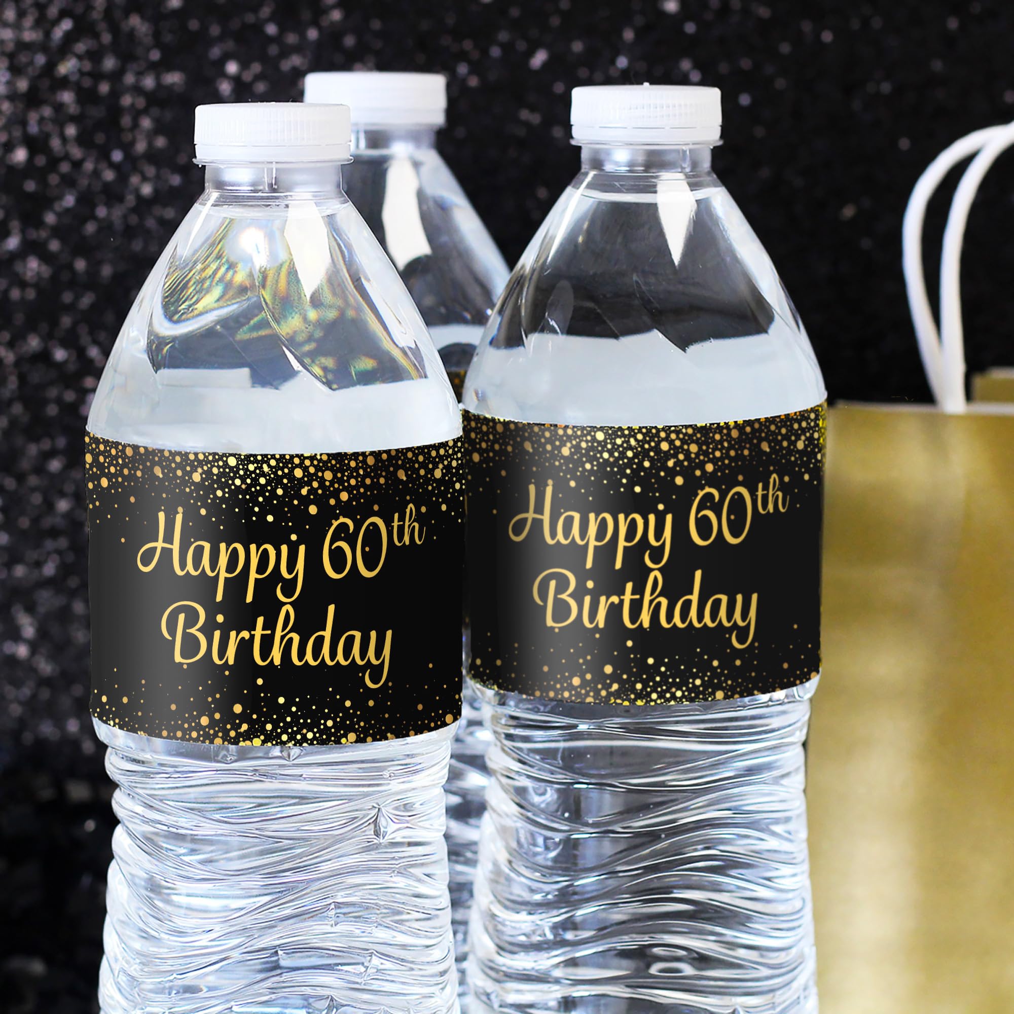 Black and Gold 60th Birthday Party Water Bottle Labels - 24 Stickers, 60th Birthday Decorations