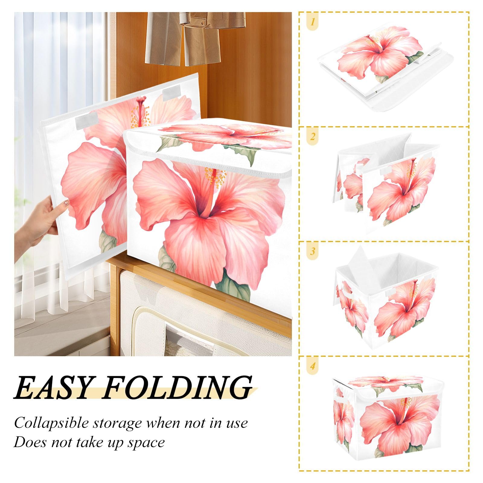 ALAZA Storage Bins Organizer Box Baskets Lidded Clothes for Shelves Closet Hibiscus Flower Collapsible Stackable Storage Cubes Handles