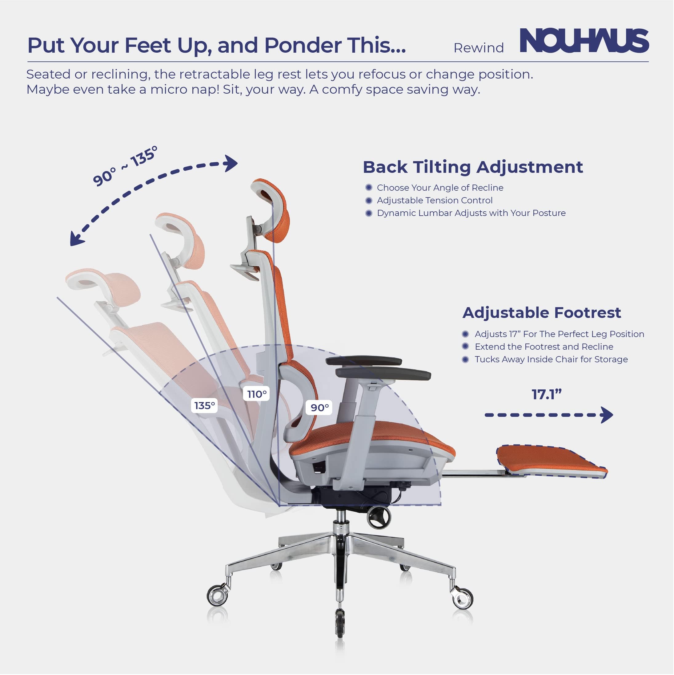 Nouhaus Rewind Ergonomic Office Chair with Footrest and Lumbar Support,Rolling Home Office Desk Chairs with Wheels,Mesh High Back Task Chair (Orange)