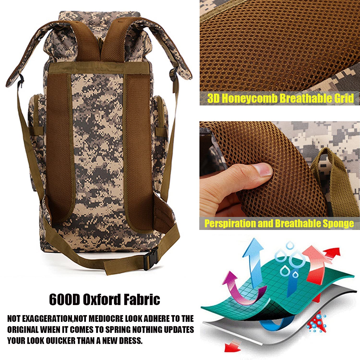 70L Waterproof Hiking Daypack Large Hiking Backpack, Hunting Camping Rucksack Backpack for Men Outdoor Sports Backpack (Plateau camouflage-5)