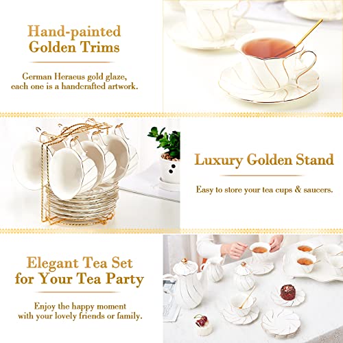 DUJUST 22 pcs White Porcelain Tea Set for 6, Luxury British Style Tea/Coffee Cup Set with Golden Trim, Beautiful Tea Set for Women, Tea Party Set, Gift Package (Including a Stand) - White
