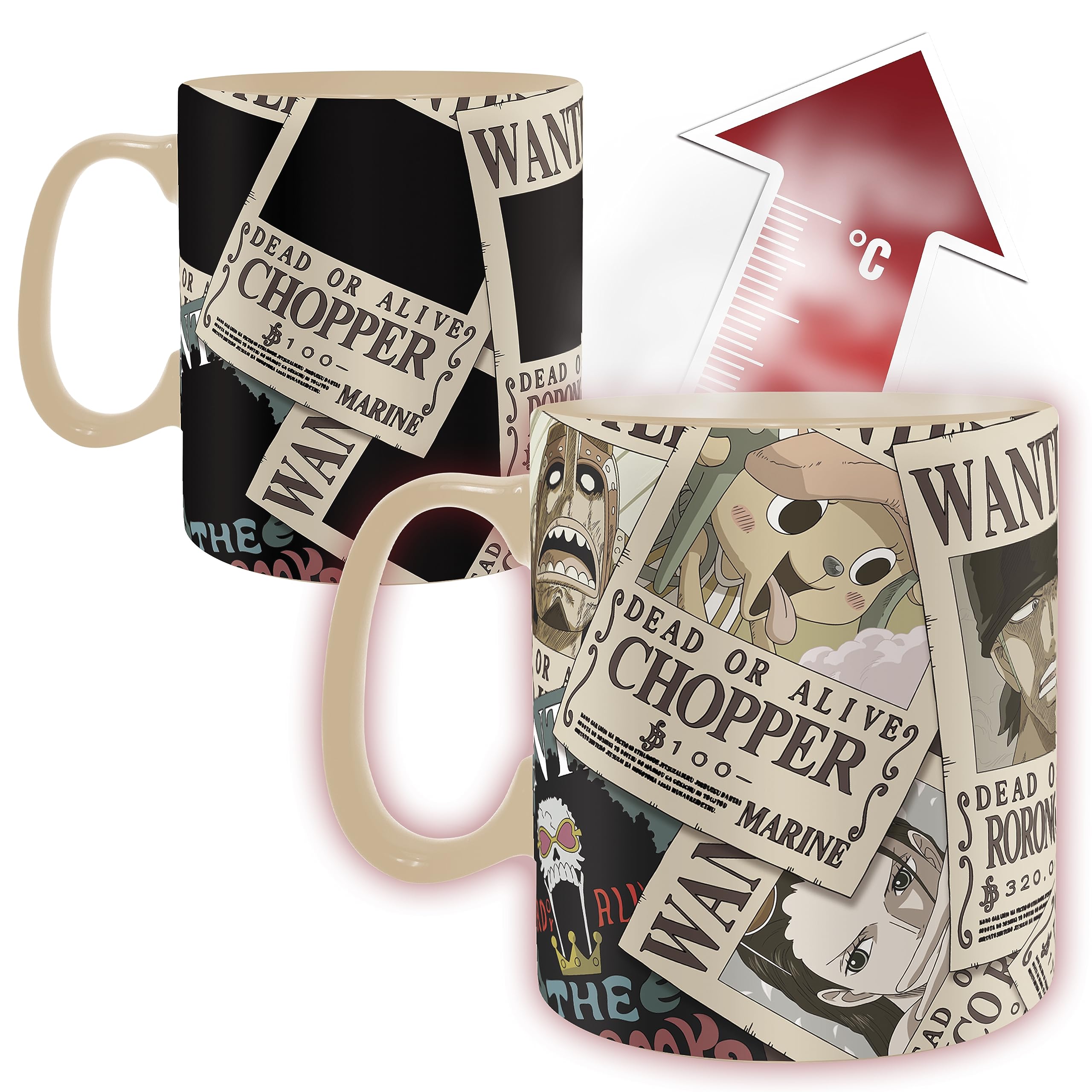 ABYSTYLE One Piece Straw Hat Crew Magic Heat Change Ceramic Coffee Tea Mug 16 Oz. & Absorbent Coaster Gift Set Anime Manga Drinkware 2 Pcs