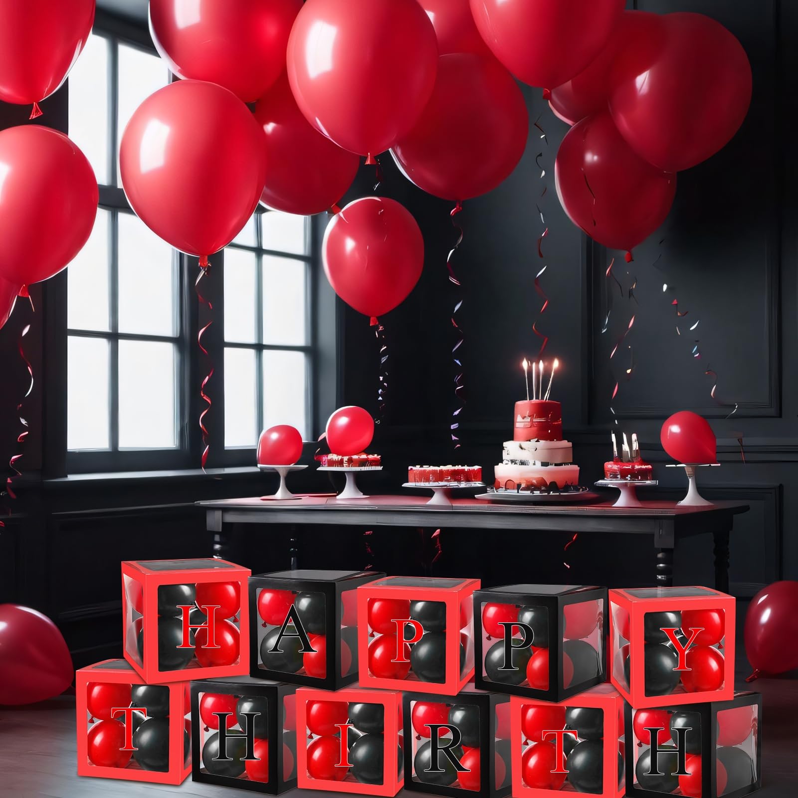 Barydat 8 Pcs Transparent Balloon Boxes Red and Black Clear Balloon Boxes with 66 Letters for Baby Shower Gender Reveal Grad Birthday Party Bridal Wedding Anniversary Backdrop Decoration
