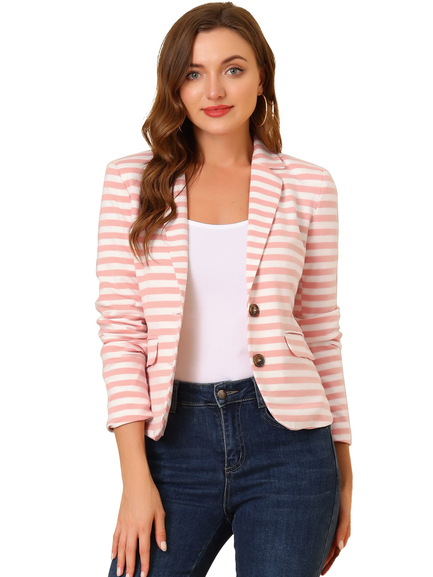 Allegra K Women's Notched Lapel Pocket Button Closure Striped Blazer Medium White Pink