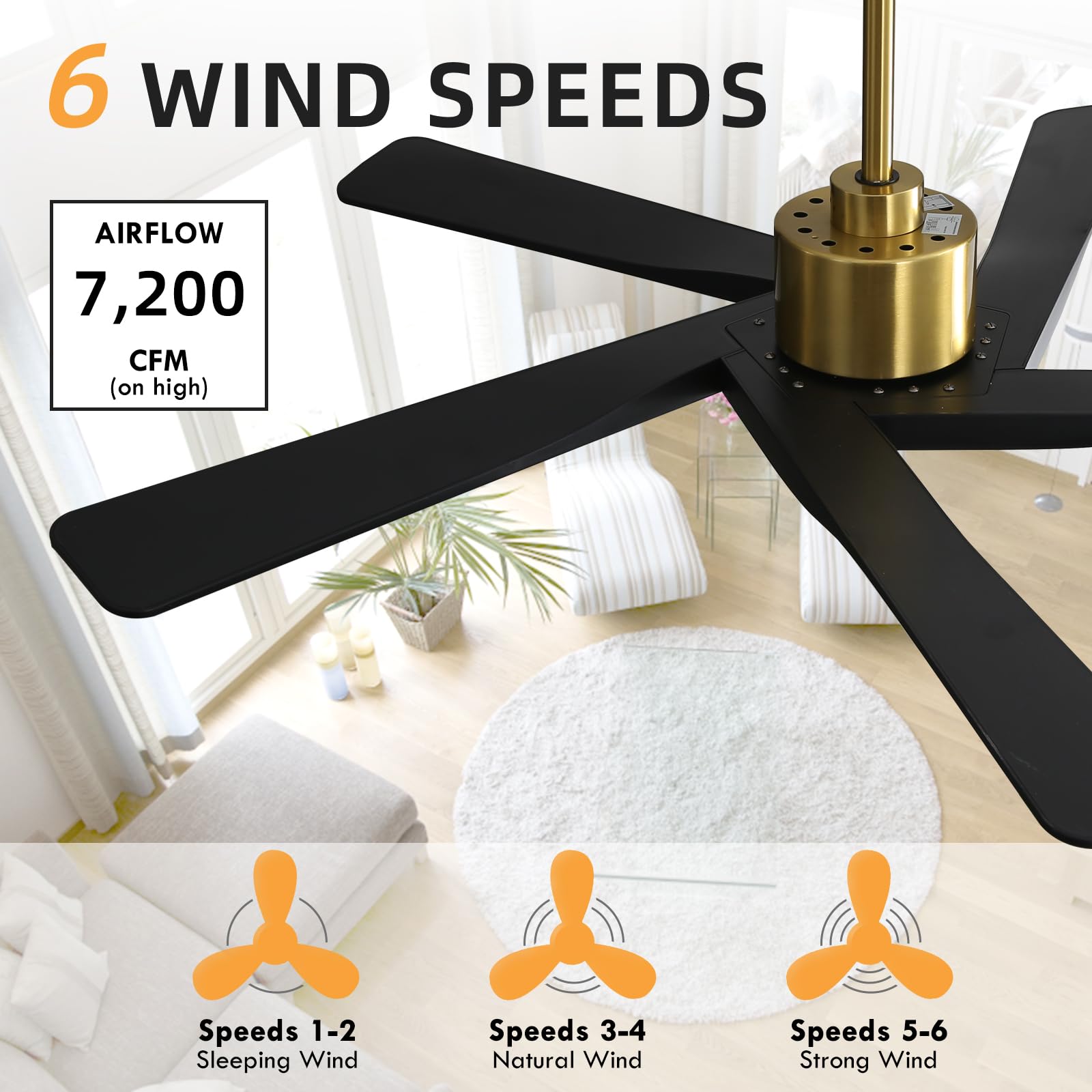 ACOZ 64" ABS DC Ceiling Fan No Light, 5 Blade ABS Plastic Ceiling Fan with Remote, 6-Speed Reversible DC Motor, Ceiling Fan without Light for Kitchen Bedroom Living Room, Brass and Matte Black