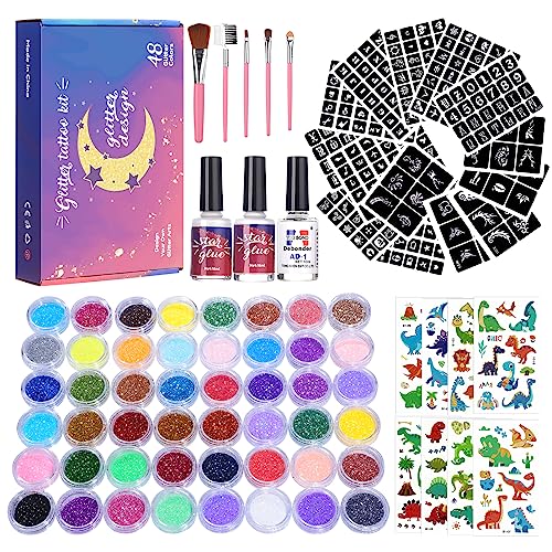 Glitter Tattoo for Kids, Glitter Tattoos 48 Colors, 318pcs Glitter Tattoo Stencils, 10 Sheets Tattoo Stickers Supply Sparkly Temporary Tattoos2 Glues,5 Brushes Adults & Kids Arts Glitter Make Up Kit ZYH2209001KIT