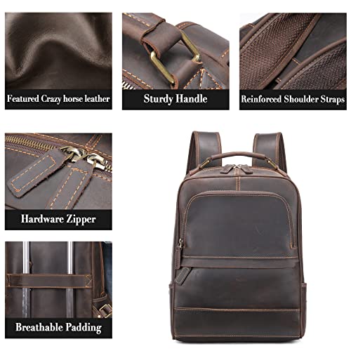 BIKROD Leather Backpack for Men, 15.6 IN Laptop Backpack, Crazy Horse Leather Backpack for Adult Business Computer Travel Backpack