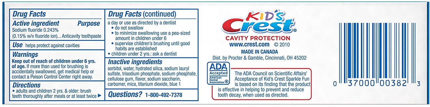 Crest Toothpaste for Kids, Cavity Protection Sparkle Fun 4.6 Ounces Each (Value Pack of 10)