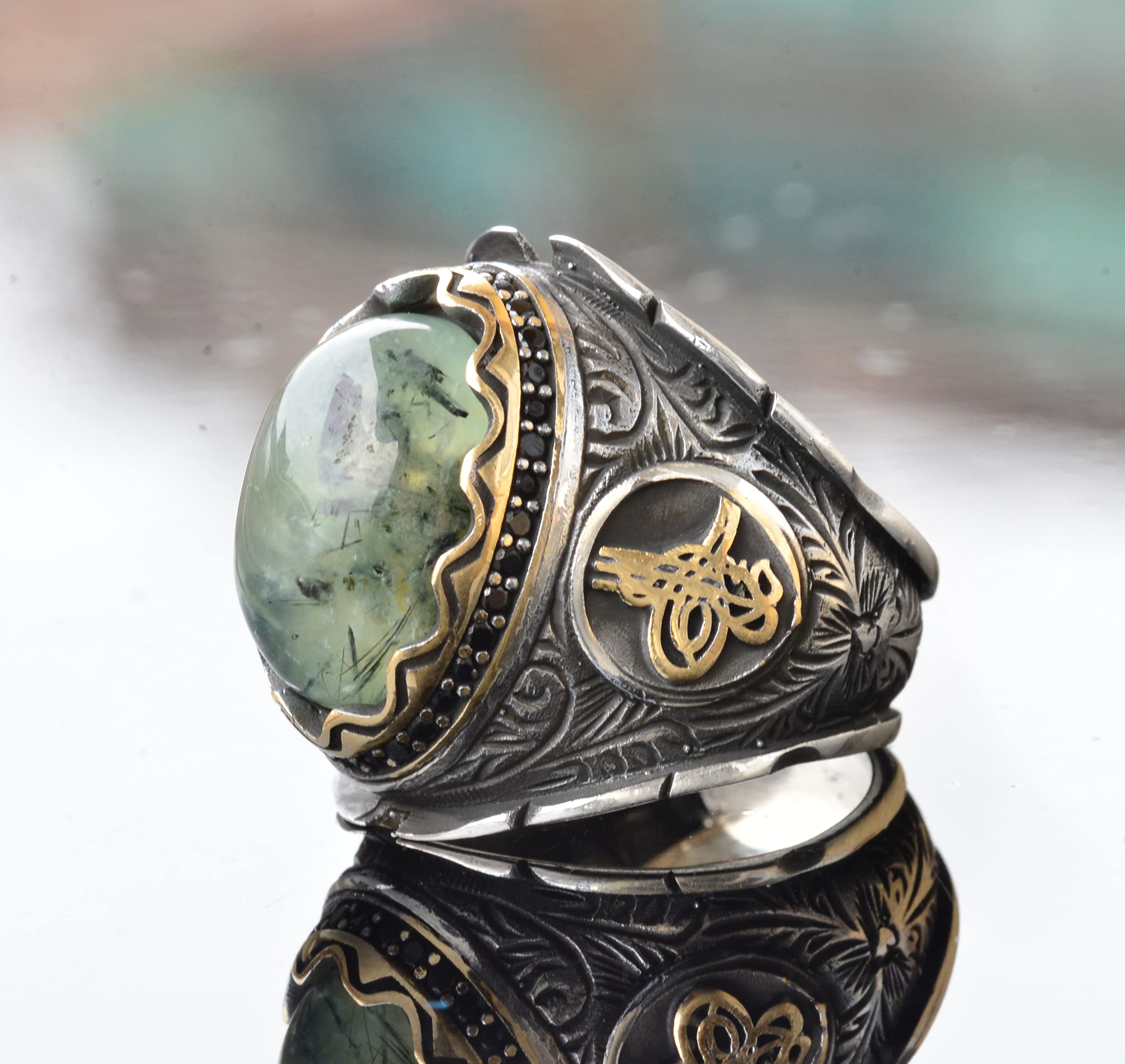 925 Sterling Silver Men's Ring with Natural Prehnite Stone, Handcrafted Unique Design, Green Gemstone Ring for Men