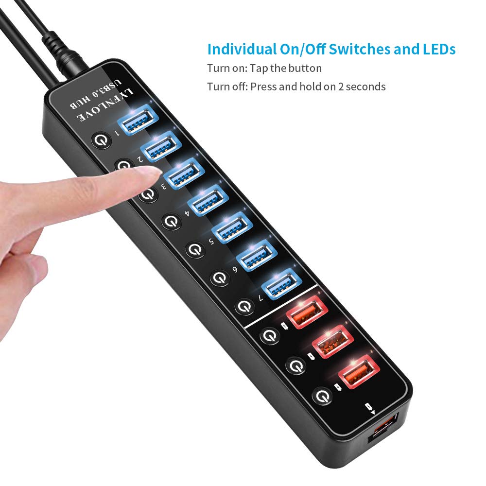 LYFNLOVE Powered USB Hub,11 Port 48W Data Charging Hub with 7 USB 3.0 Ports and 4 Smart Charging Ports,USB 3.0 Splitter with On/Off Switches for Laptop,PC, Computer,TV, HDD, Flash Drive and More