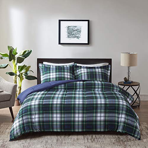 Madison Park Essentials Parkston Plaid Comforter, Matching Sham, 3M Scotchguard Stain Release Cover, Hypoallergenic All Season Bedding-Set, Full/Queen, Navy, 3 Piece