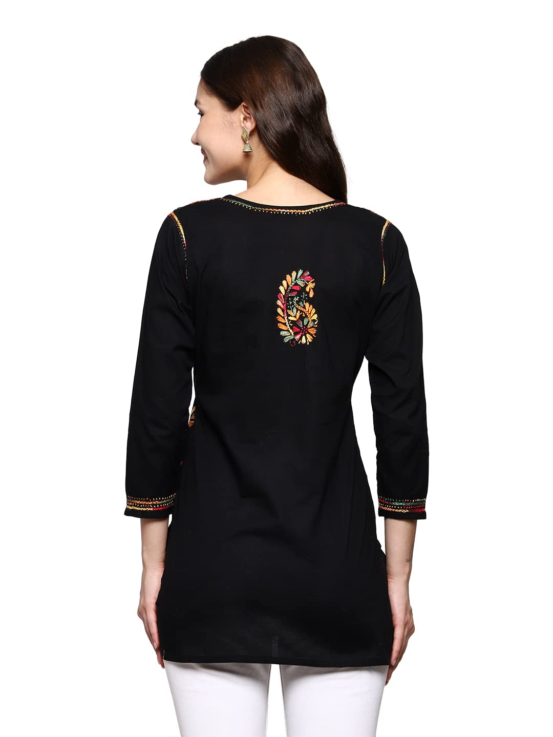 Ada Indian Hand Embroidered Chikankari Black Cotton Top Tunic Kurti A225311 (Large)
