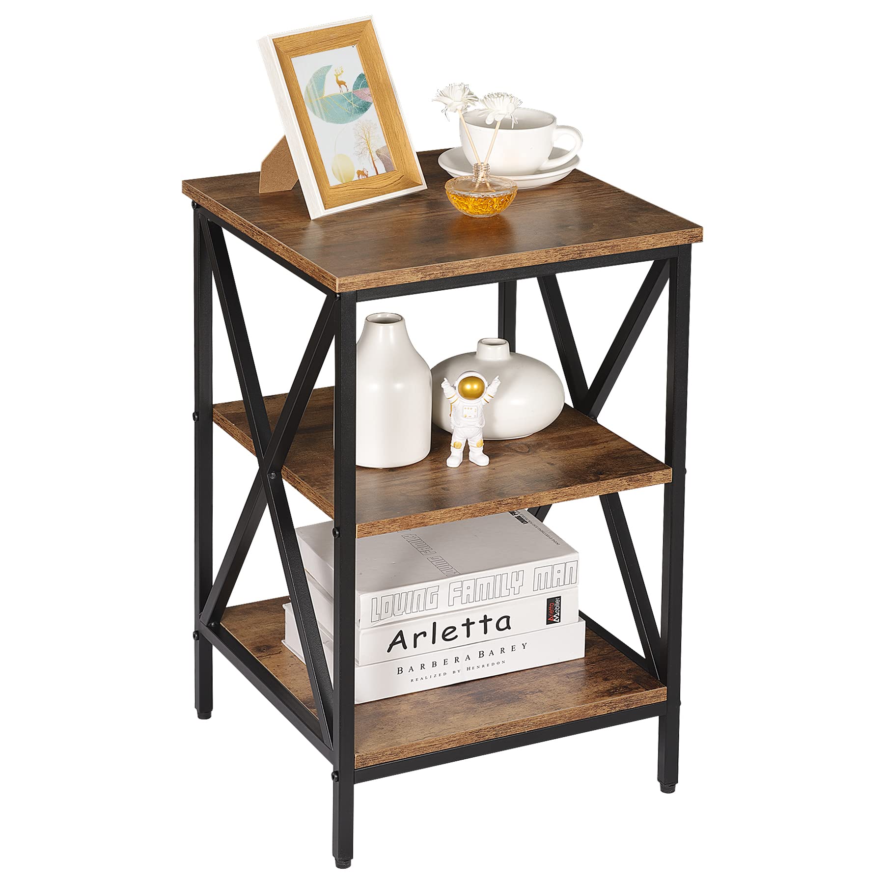 ZenStyle End Table 3-Tier X-Design Side Table with Storage Shelves Sofa Side Table Storage Organizer Display for Living Room, Bedroom, Office, Nursery Room, Brown