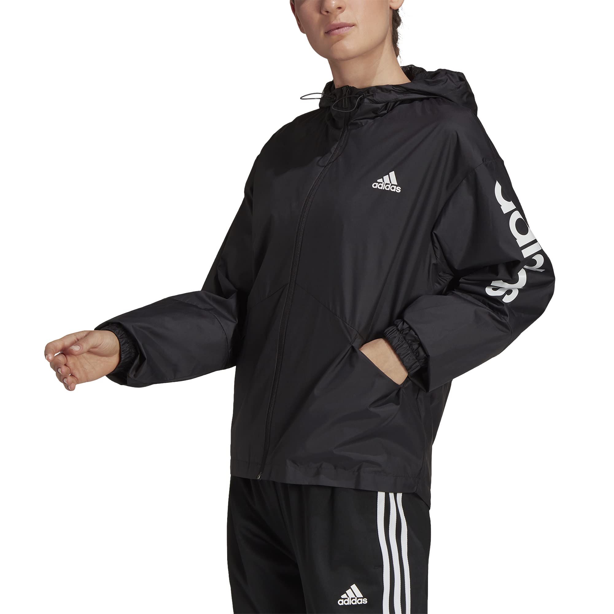 adidas Women's Essentials Oversize Logo Windbreaker, Black/White, Large