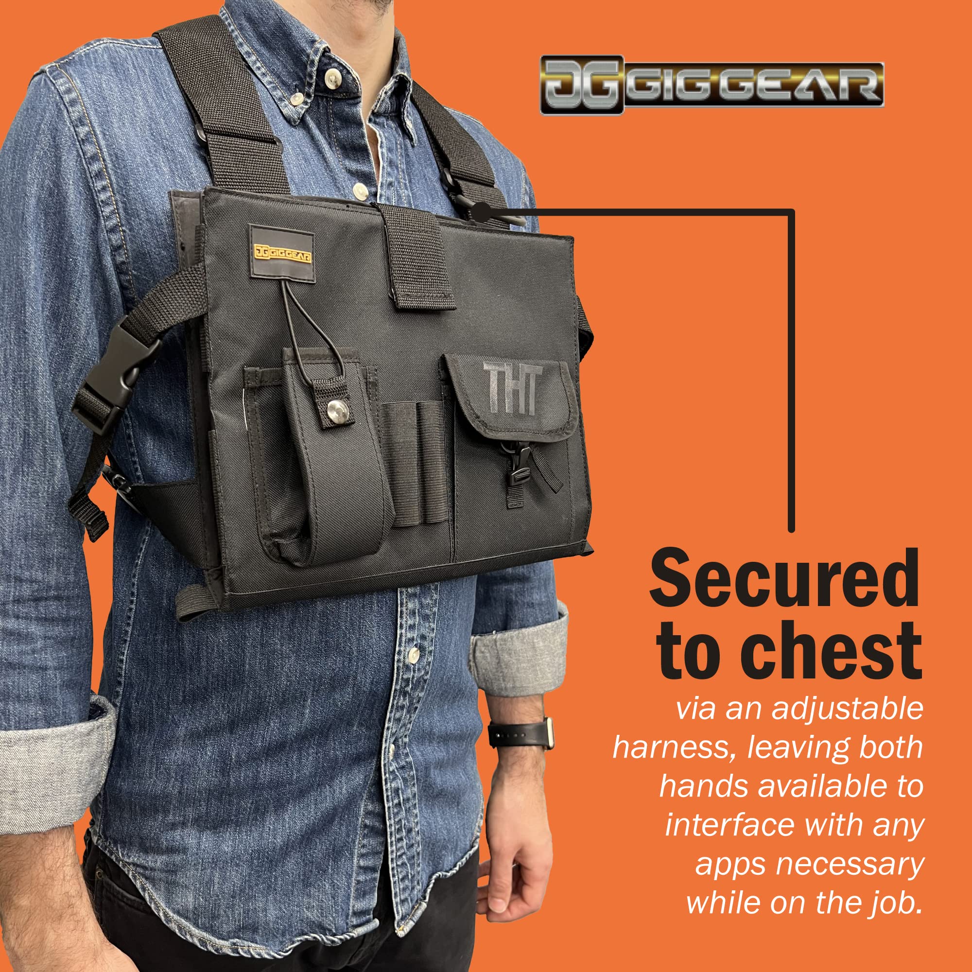 Gig Gear Two Hand Touch Tablet Chest Harness for iPad and Samsung Tablets - Rugged Tablet Carrying Case with Strap and Compartments - Heavy Duty iPad Chest Mount for 12.9 Inch Mobile Device (Black)