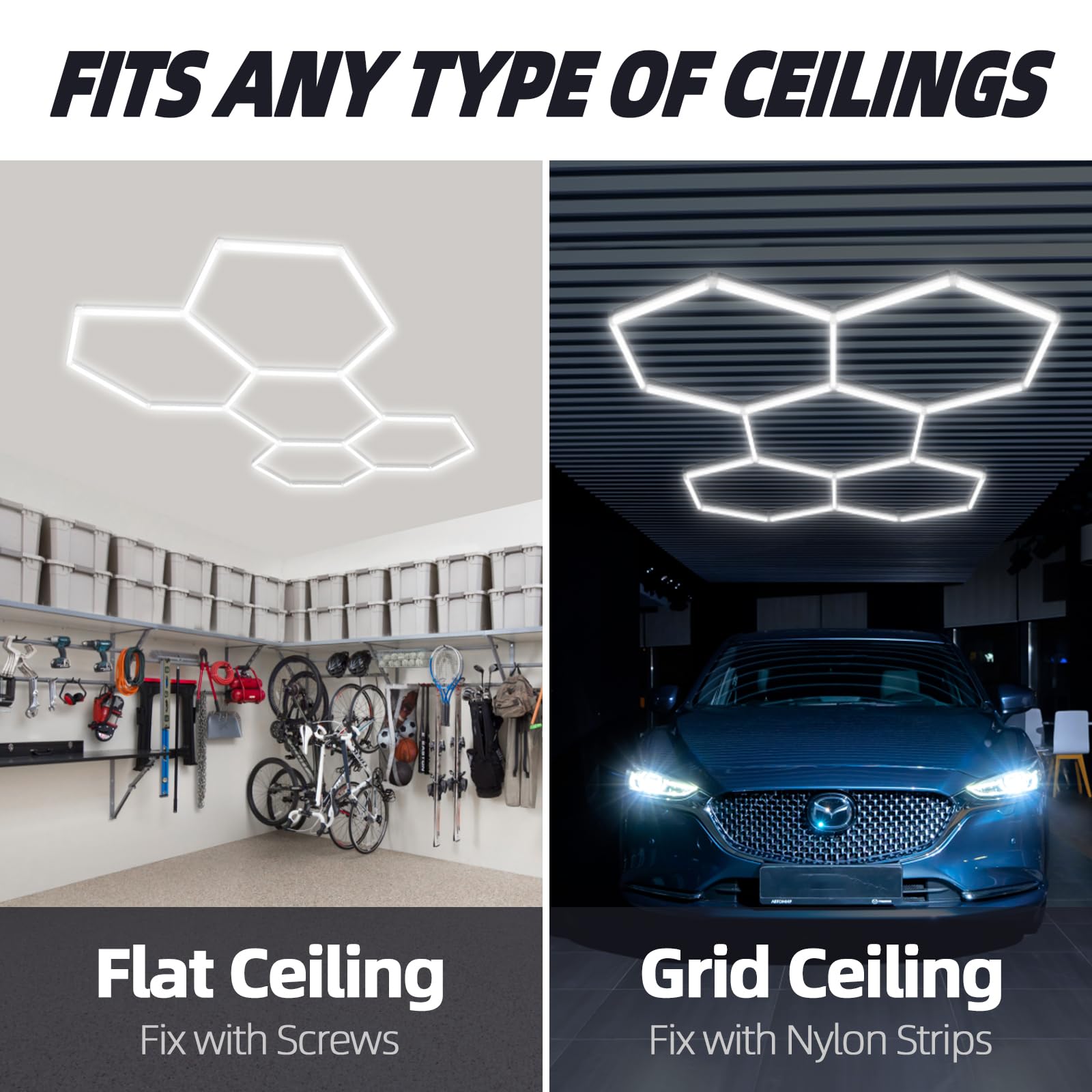 GooComfy Modern Hexagon LED Garage Light Fixture, 120W 13200LM 25 Pack Honeycomb Ceiling Light for Garage, Basement, Gaming Room, Warehouse, Gym, 5 Hexagon
