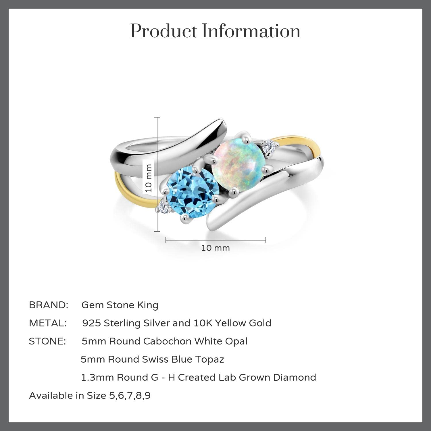 925 Sterling Silver and 10K Yellow Gold Round Cabochon White Simulated Opal Swiss Blue Topaz and Lab Grown Diamond Women Ring (1.17 Cttw, Gemstone Birthstone, Available In Size 5, 6, 7, 8, 9)