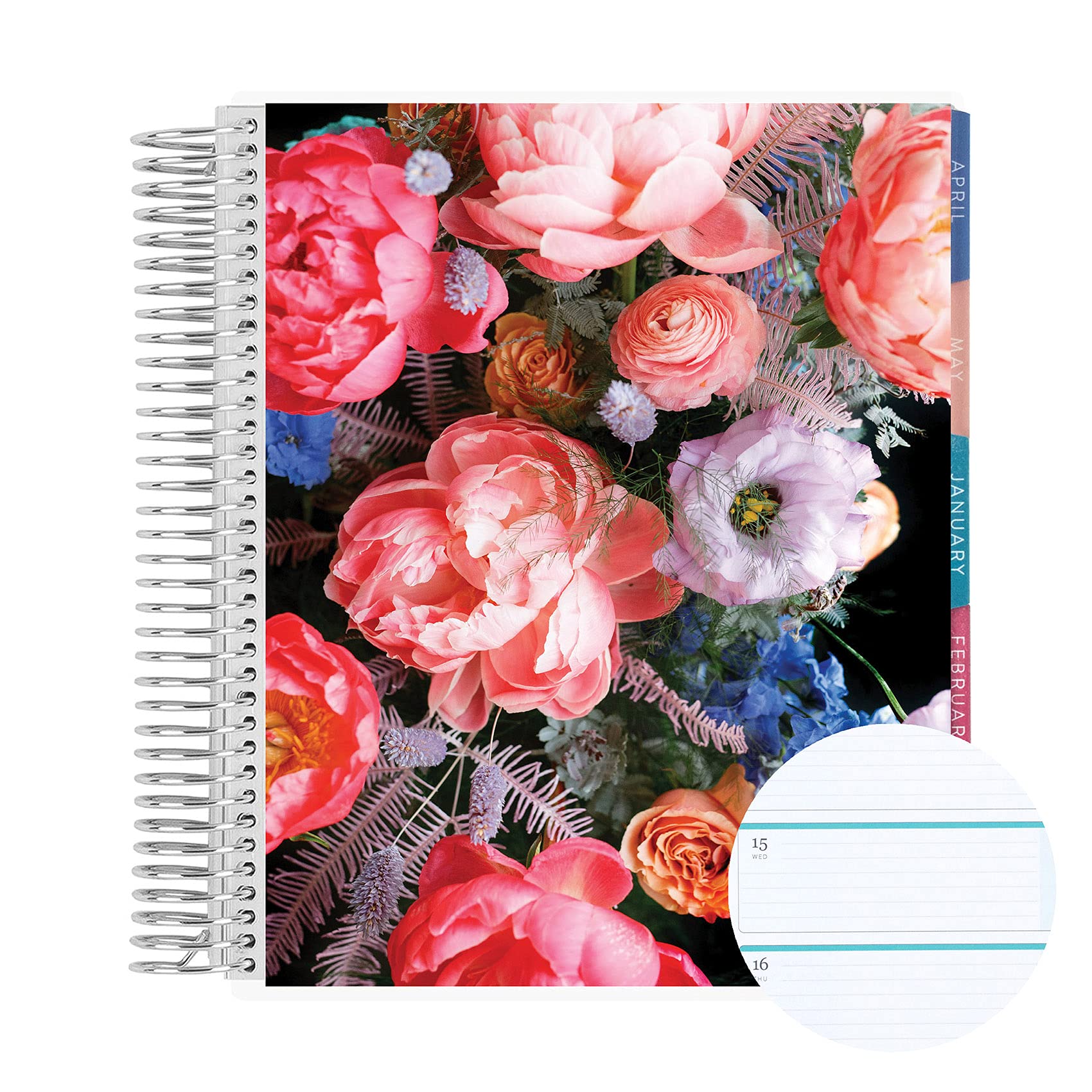 8.5” x 11” 12 Month Spiral Bound Life Planner ( Jan 2022 – Dec 2022 ) – Green Wedding Shoes Peonies Cover + Mid Century Circles Interior Pages. Horizontal Weekly and Monthly Agenda by Erin Condren.