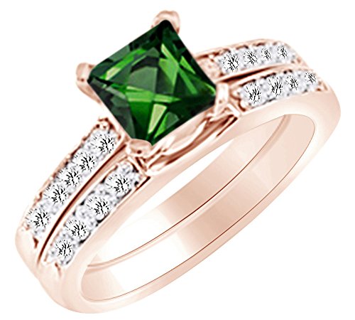AFFY 1.35 cttw Simulated Green Emerald & White Natural Diamond Engagement Wedding Ring Set in 14k Rose Gold with Ring Size 4