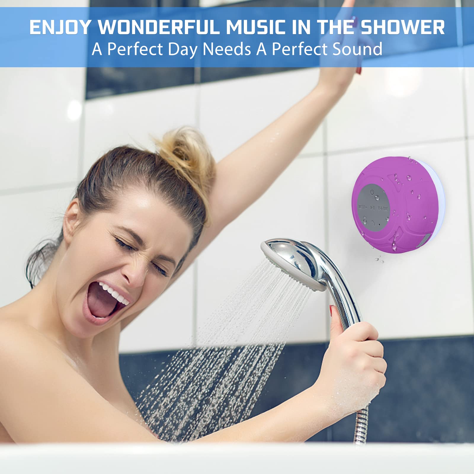 Annlend Bluetooth Shower Speaker Waterproof Wireless Mini Cute Portable Water Resistant Speaker Suction Cup, Built-in Mic Speakerphone for Kids Gift Bathroom Kitchen Outdoor - Pink