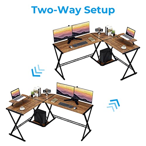 GreenForest L Shaped Desk 58β Reversible Corner Computer Desk with Movable Shelf and CPU Stand, Gaming Desk with Sturdy X Leg Space Saving Home Office Workstation Table, Walnut