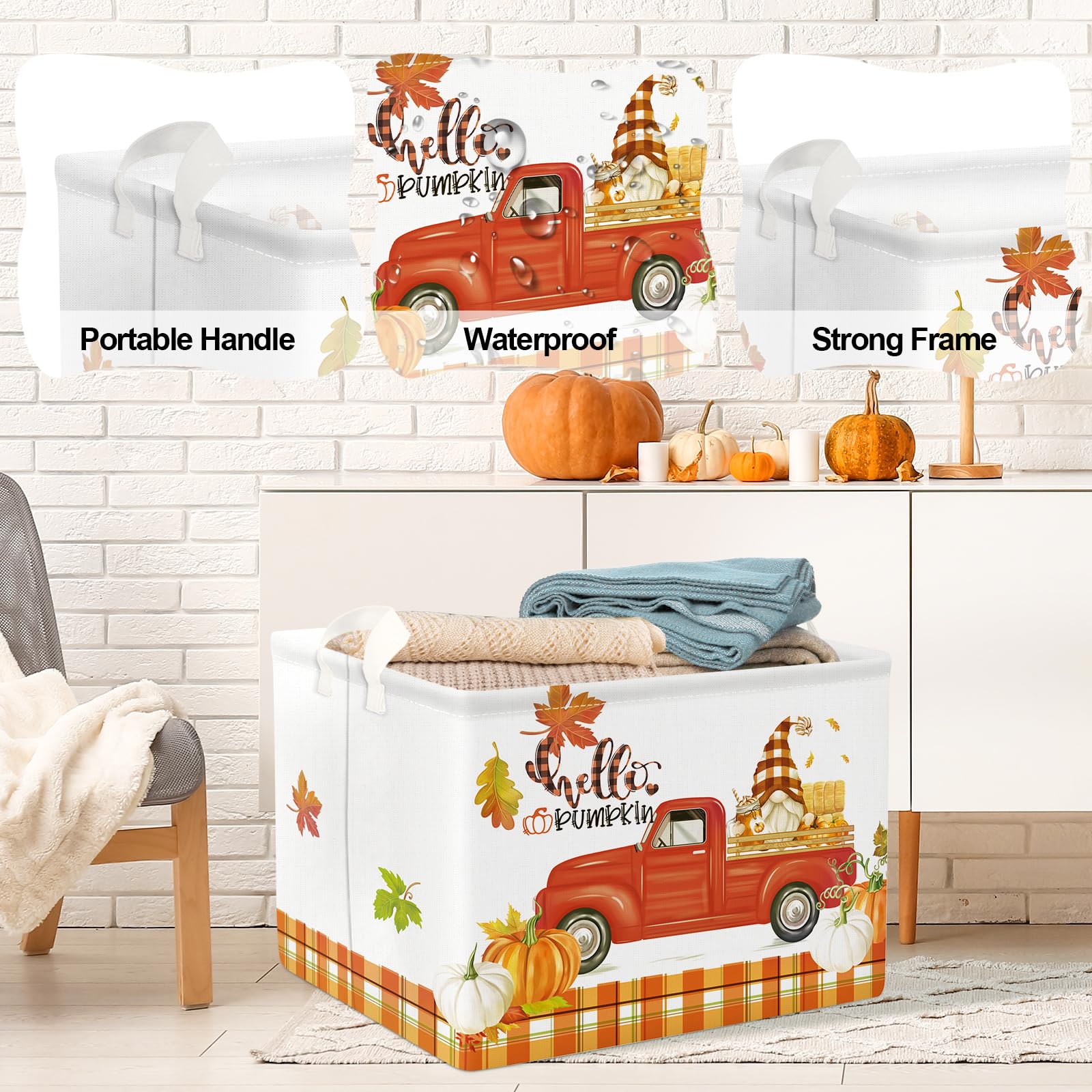 Clastyle Pumpkin Gift Fall Basket Empty Foldable Clothes Toy Bin Thanksgiving Storage Basket Large Gnome Truck Book Shelf Basket Rectangular Orange Bull Plaid Harvest Basket