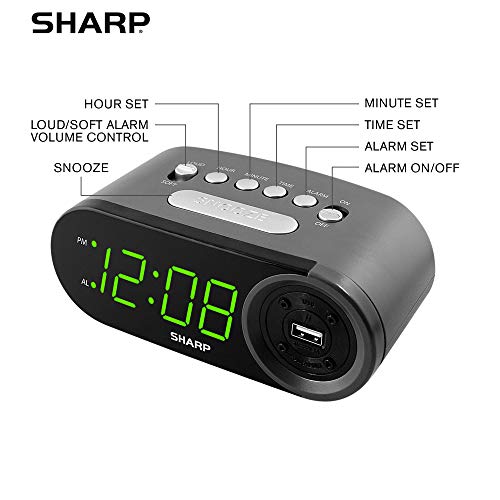 SHARP Digital Easy to Read Alarm Clock with 2 AMP High-Speed USB Charging Power Port - Charge Your Phone, Tablet with a high Speed Charge! Simple, Easy to Use Operation, Black β Green LEDs