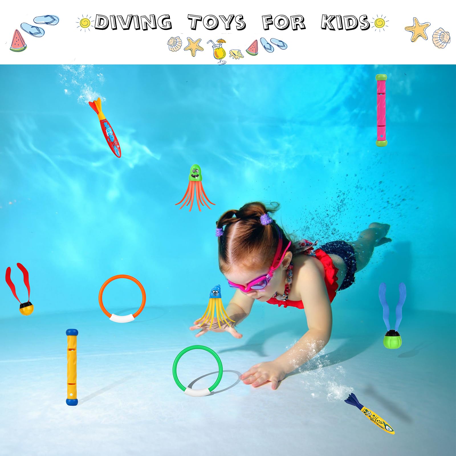Cakuni Underwater Swim Pool Diving Toys - Summer Swimming Dive Toy Sets - Water Rings,Sticks,Octopus,Torpedo Bandits & Balls for Kids