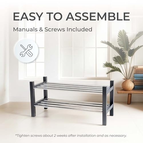 ARROWSTONE Black Shoe Rack 2 Tier, Solid Acacia Wood, 31" W Entryway Free Standing Shoe Rack, Stainless Steel Stackable Shoe Organizer for Front Door, Bedroom, Living Room, Bathroom