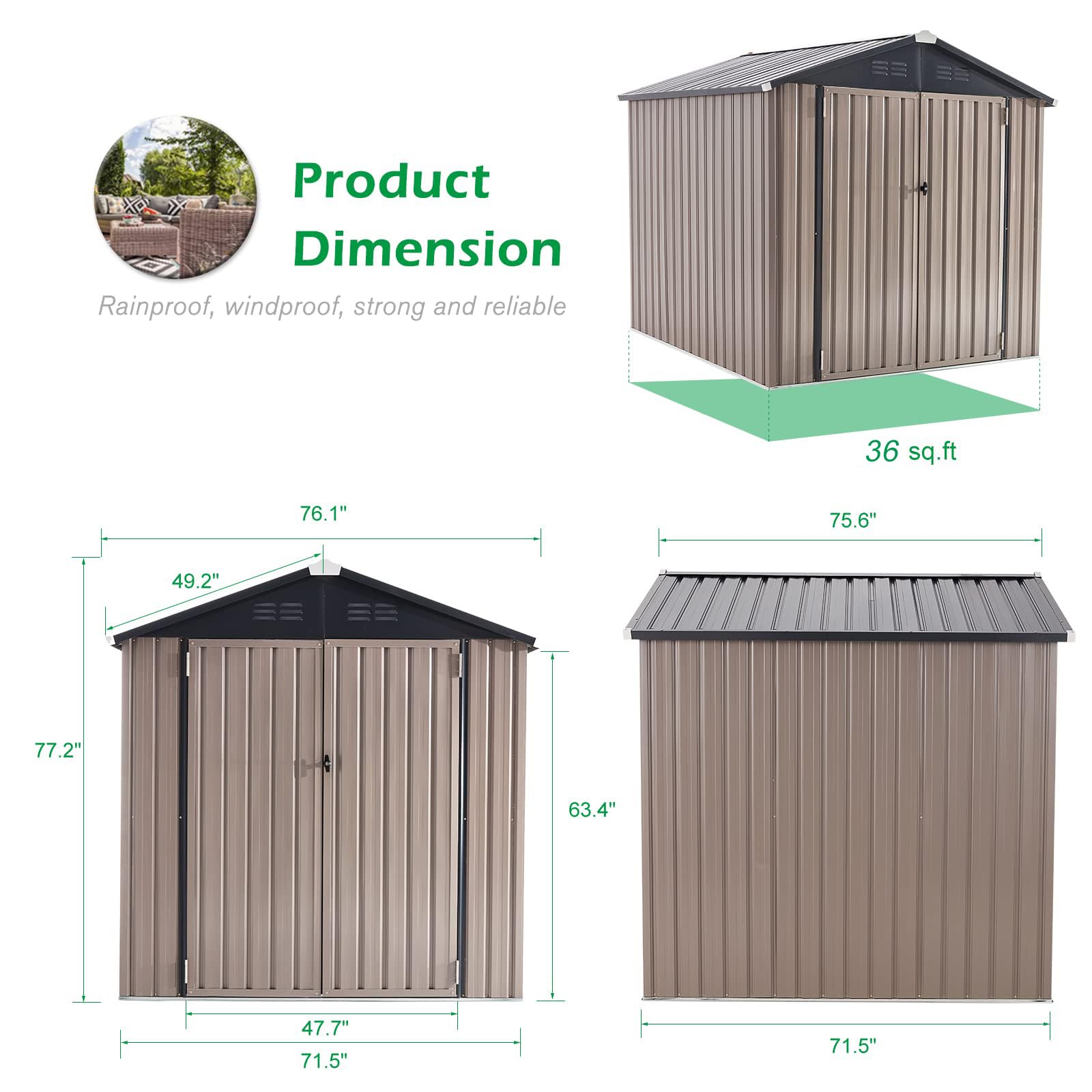 AECOJOY 6' x 6' Outdoor Storage Shed, Metal Shed with Design of Lockable Doors, Utility and Tool Storage for Garden, Backyard, Patio, Outside use