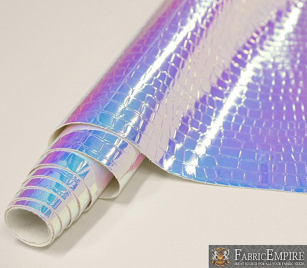 Fabric Empire Vinyl Upholstery Embossed Crocodile Holographic Glossy Fabric Light Blue 54" Wide Sold by The Yard