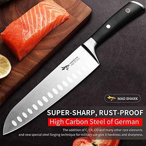 MAD SHARK Kitchen Knife, Chef's Santoku Knife 8 Inch, German High Carbon Stainless Steel Chef Knife, Super Sharp Multipurpose Chopping Knife for Meat Vegetable Fruit with Ergonomic Handle & Gift Box