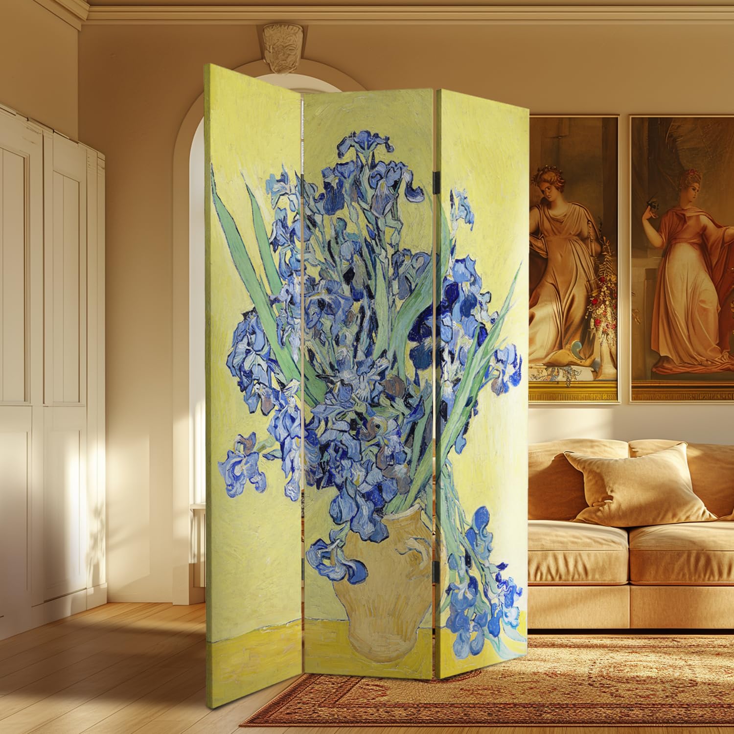 ARSTRIA 3-Panel Folding Room Divider Privacy Screen Van Gogh's Vase with Irises Against a Yellow Background Painting Canvas Foldable Portable Room Separating Divider Partition Freestanding 71'' H