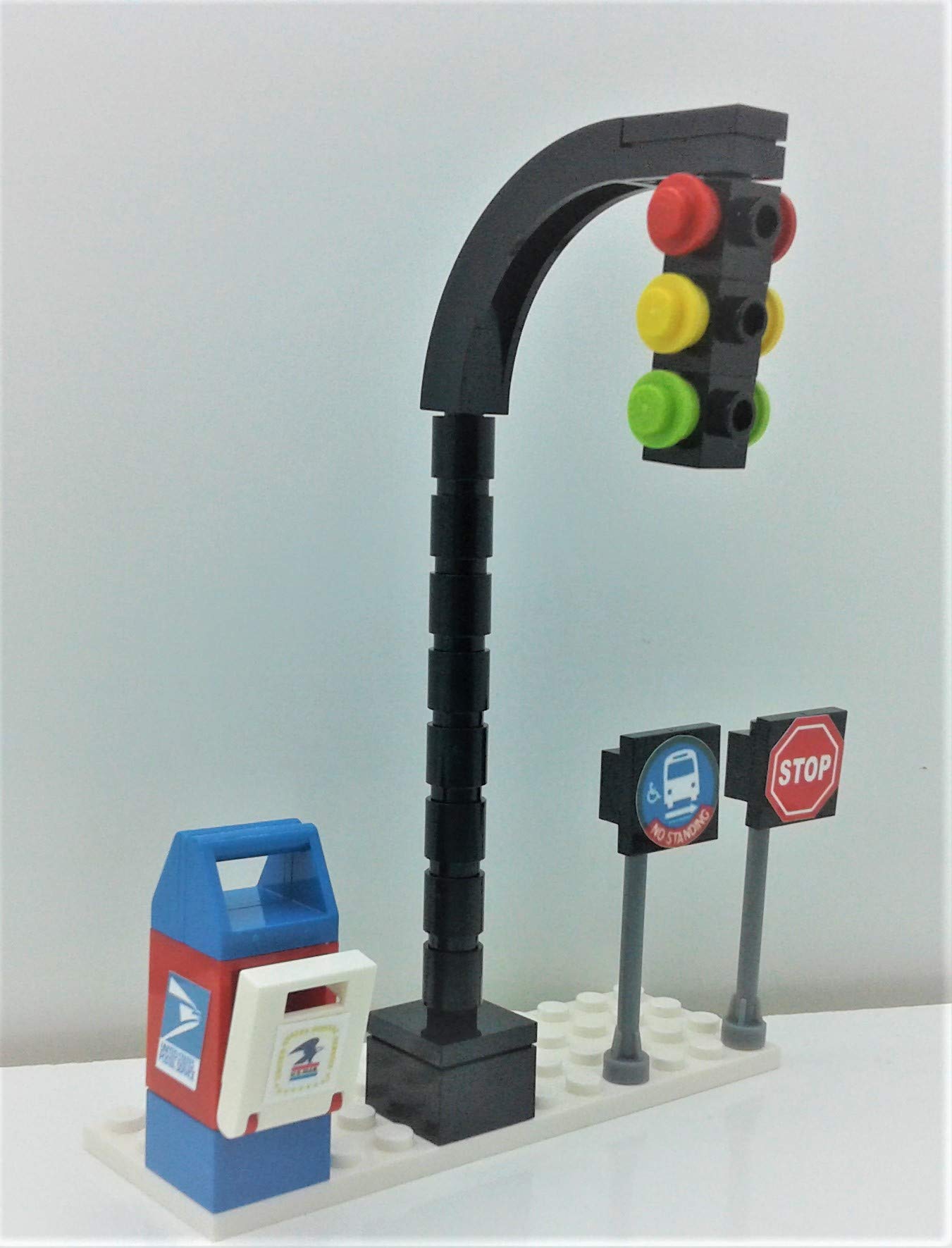 Building Bricks Toys City Town Village Street Main Road Arch Traffic Light, Stop Sign, Bus Stop, Post Box, Road Sign, 4 PCS Playset. for Kids 4+ Plastic