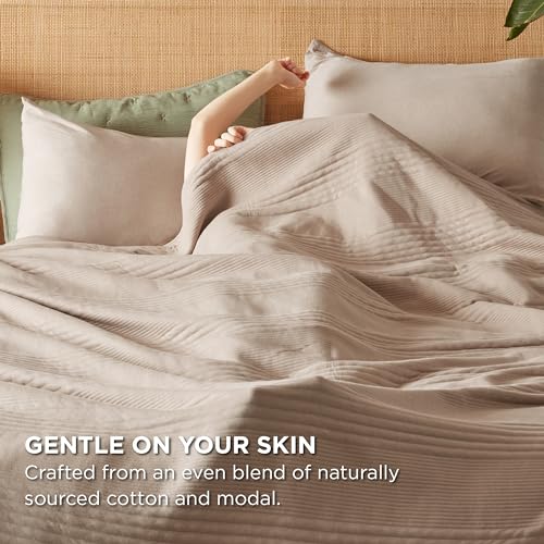Bedsure Summer Quilt Blankets Queen Size, Breathable Quilted Bed Blankets for Spring, Super Soft Blanket with Striped Texture, Modal Cotton Thermal Blanket for All Seasons, Tan Khaki, 90x90