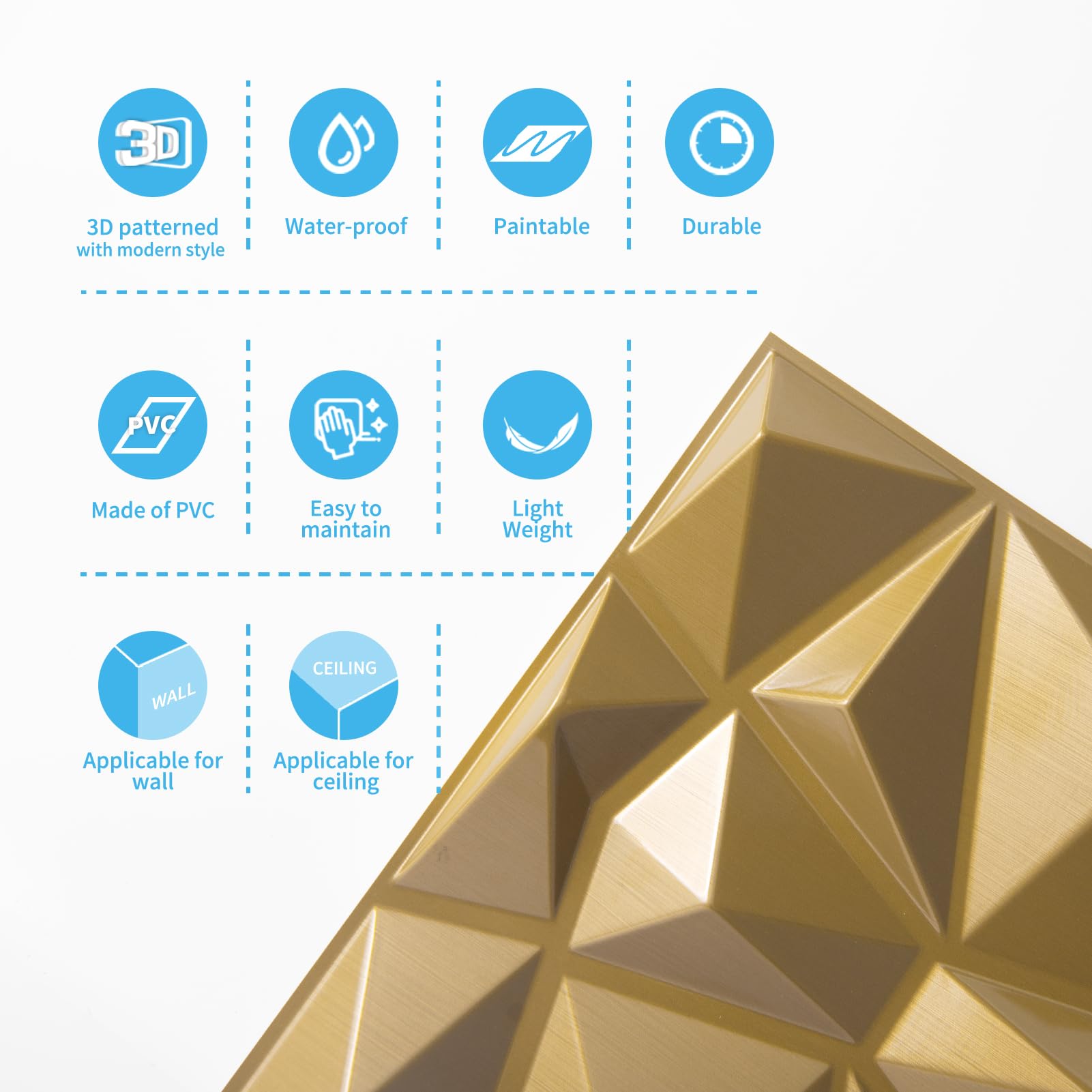 Art3d 3D Diamond Design Paneling for Interior Decor, Living Room, TV Wall Background, Bedroom, Gaming Setup, 11.8" x 11.8", Gold, 33 Pack